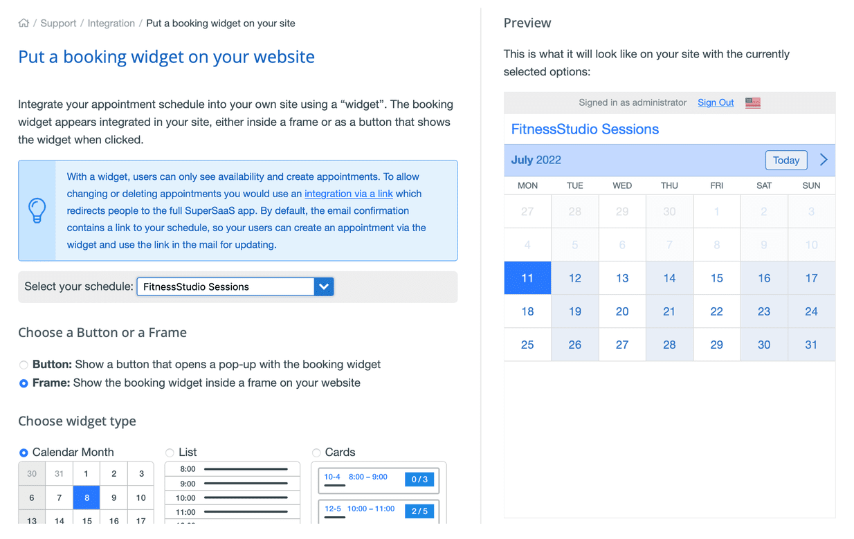 Integrate appointment scheduling in your site using a widget