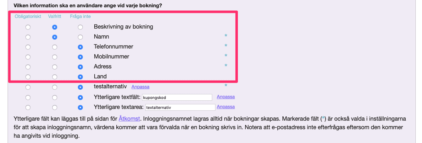 Användarprocess | Samla in bokningsuppgifter